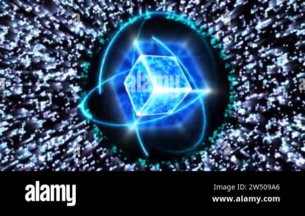 mystery dark blue wave cube empty core energy surface and atom moving ...