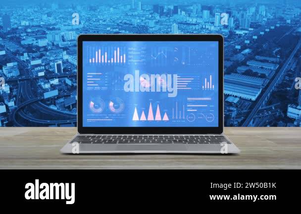 Statistics graphs, charts and diagrams data on modern laptop computer ...