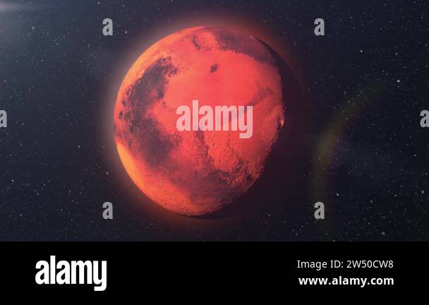 Planet Mars rotates with stars and sun flare Realistic cinematic vision ...