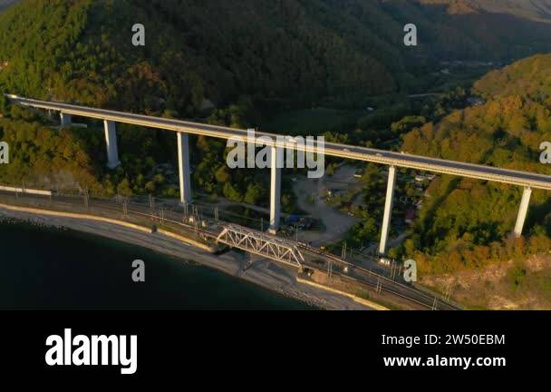Beautiful large bridge for motorway across sea, aerial view of drone ...