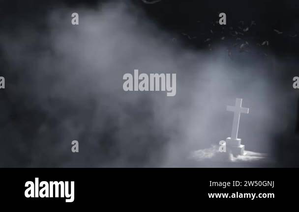 Scary Halloween Cemetery Fog with ghost appearance and Bat flying over ...