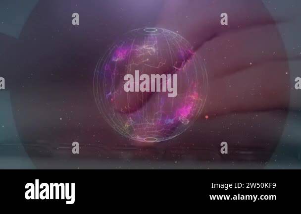 Animation of text 5g with turning blue scope scanning over hands using computer keyboard. global ...