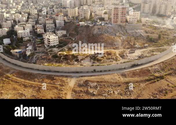 Palestinian refugees Camp Anata Behind security wall Aerial viewclose ...