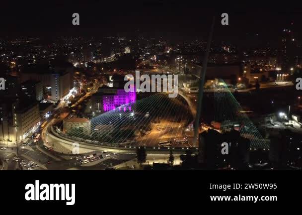 jerusalem chords bridge at night aerial viewMain entrance city lights ...