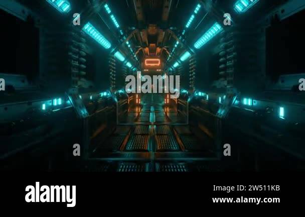 Flying into spaceship tunnel, sci-fi spaceship corridor. Futuristic technology for technical ...