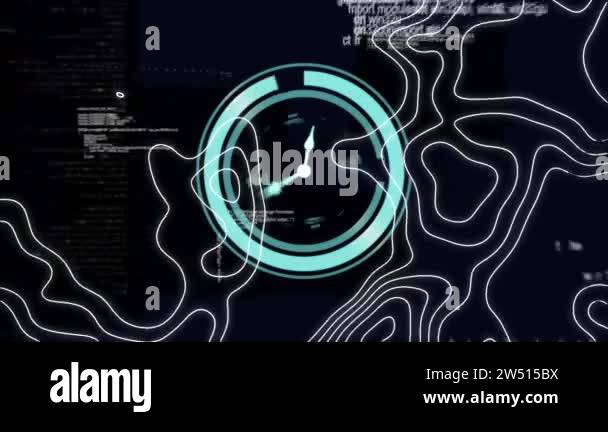 Animation of clock moving fast and data processing with topographic map lines on blue background ...