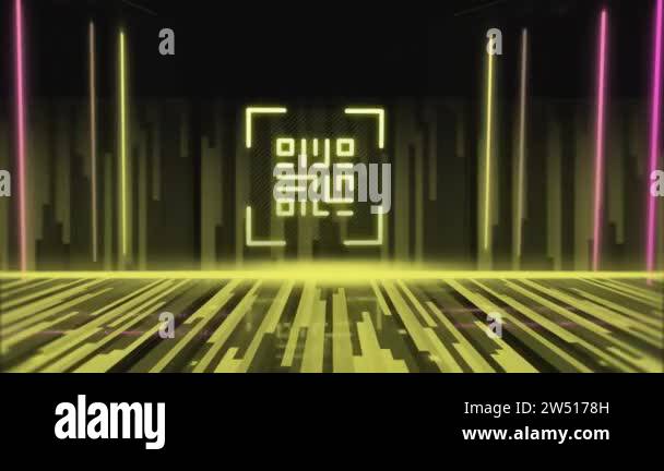 Animation of glowing yellow QR code with yellow and pink neon elements ...