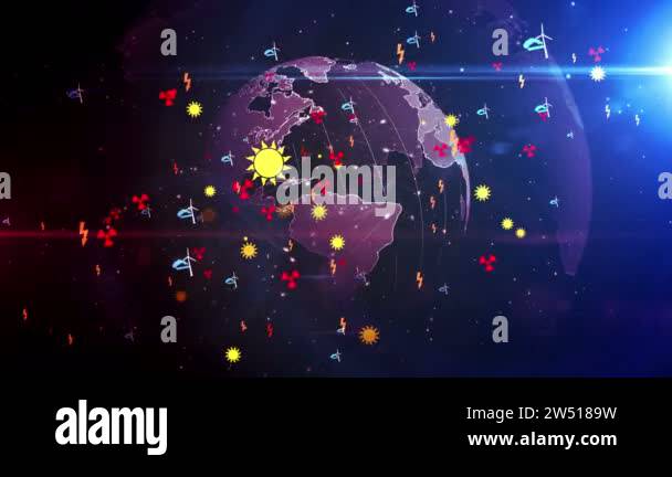 Energy production symbols around rotating digital globe. Abstract ...