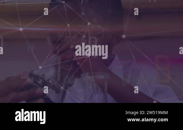 Animation of network of connections and numbers and letters changing over schoolboy using ...