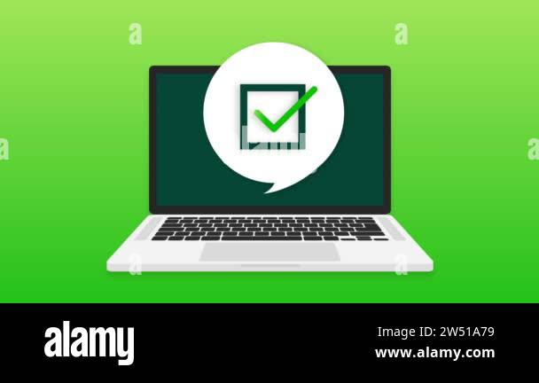 Laptop having approved tick notification, successful operation check ...