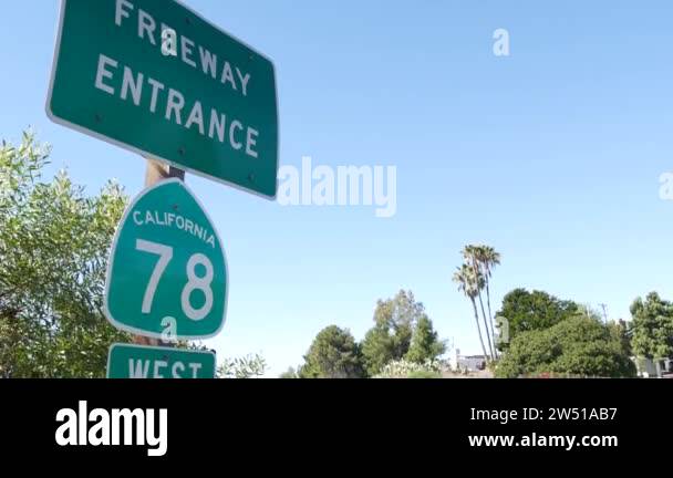 Freeway entrance sign on interchange crossraod in San Diego county ...