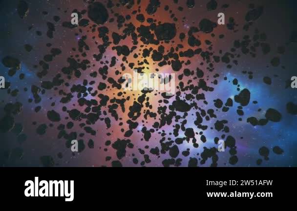 flying through space through asteroids to the Sun, star, or black hole ...