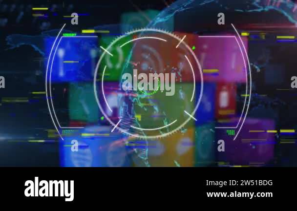 Animation of scope scanning over globe and cube on black background. global digital interface ...