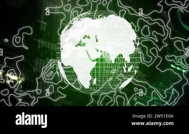 Animation of globe rotating over interface with data processing and topographical chart. global ...