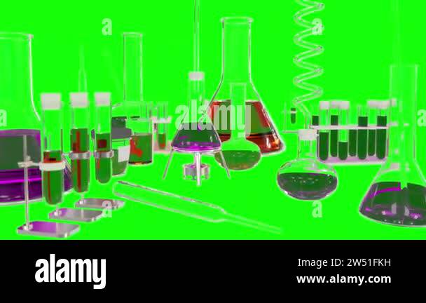 Lab test-tubes and other science glassware isolated on green screen ...