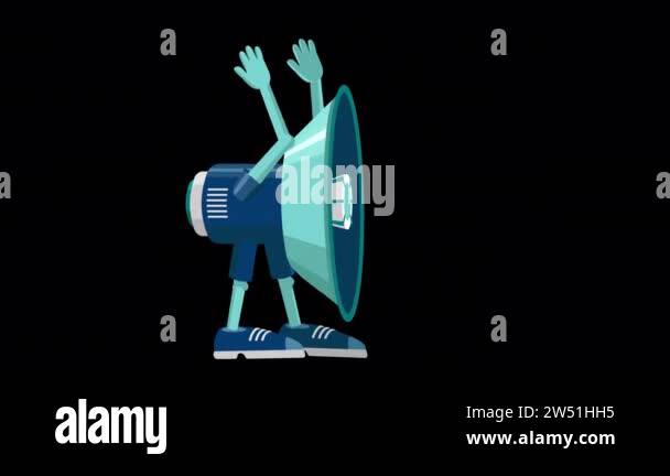 Cartoon funny megaphone speaks waving hands and gesturing. 2D animation ...