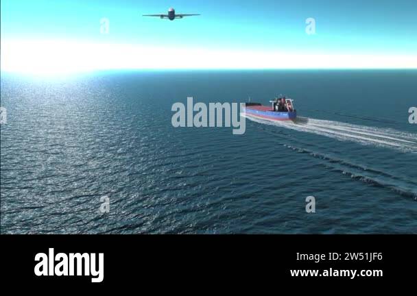 Empty Cargo ship and airplane over the sea- aerial, Freight Shipping ...