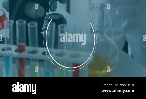 Animation of 3d DNA strand spinning with scope and female scientist using microscope in ...