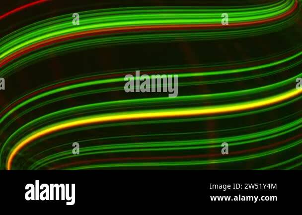 Abstract waving neon lines of green and red color on black background ...