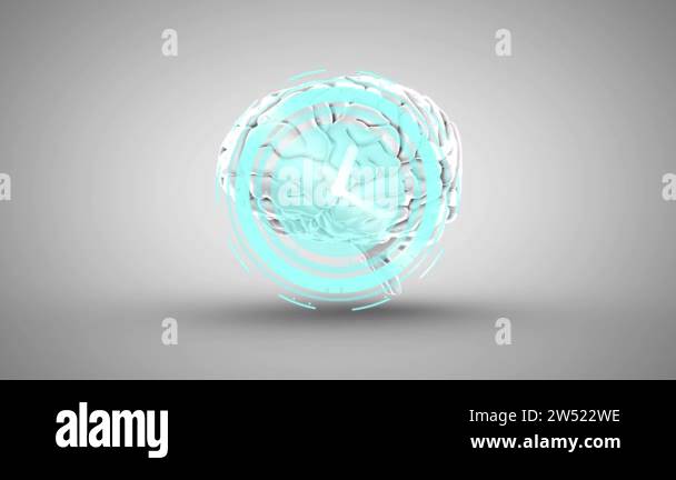 Digital animation of neon digital clock ticking over human brain ...