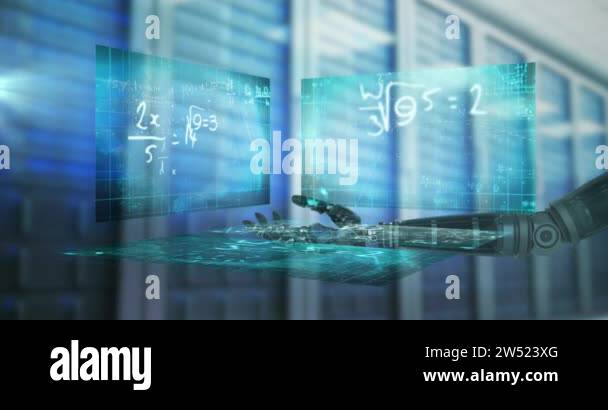 Globe over robotic hand and screens with mathematical equations against ...