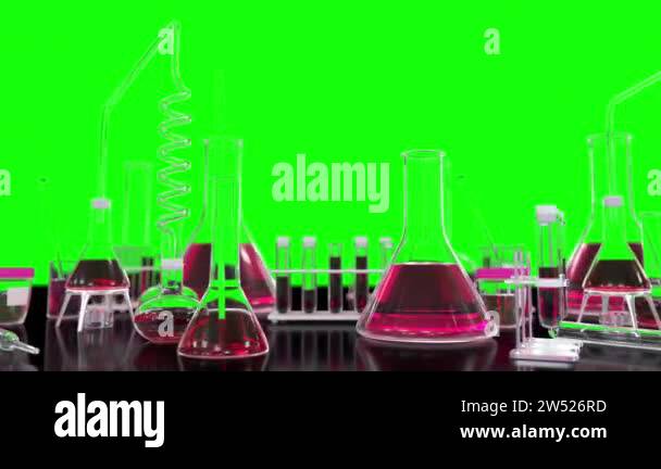 Test tubes and other laboratory glassware scroll seamless loop on green ...