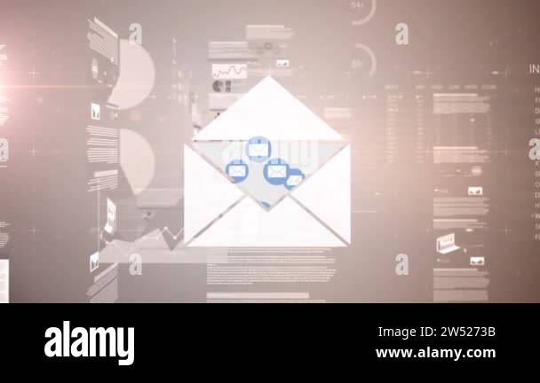 Animation of floating email envelope icons and data processing on ...