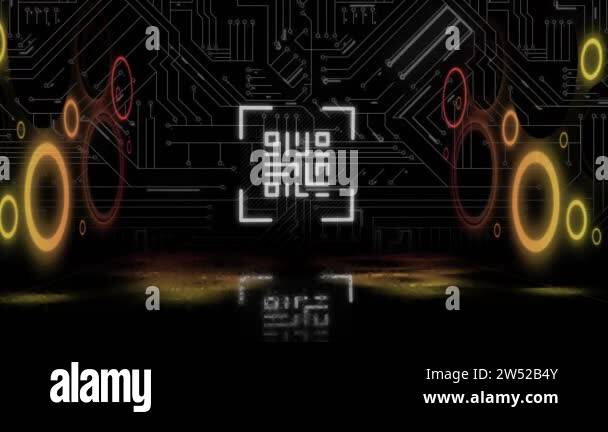 Animation of digital interface with QR code, computer circuit board and neon circles flashing on ...