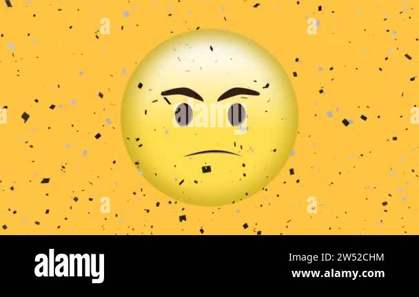 Animation of confetti falling over angry emoji on yellow background ...