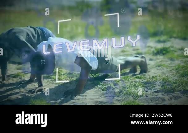 Animation of digital interface with text and scope over men doing push ...