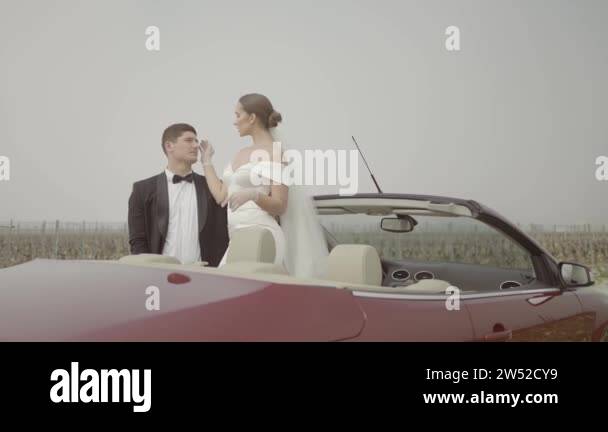 Beautiful newlyweds in car. Action.Stylish and charismatic newlyweds in ...