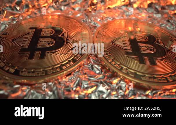 Bitcoin in macro shot. Many crypto coins on reflect surface with gold ...
