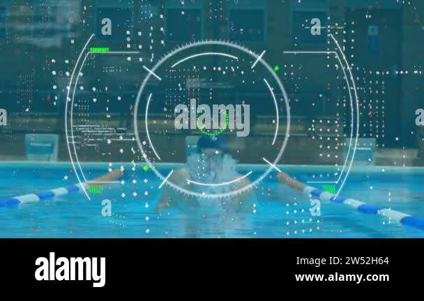 Animation of digital interface with scope scanning and data processing over male swimmer in ...