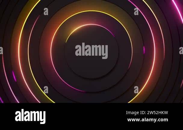 Radial abstract neon background. Laser neon lines move in a circle along a circular dark ...