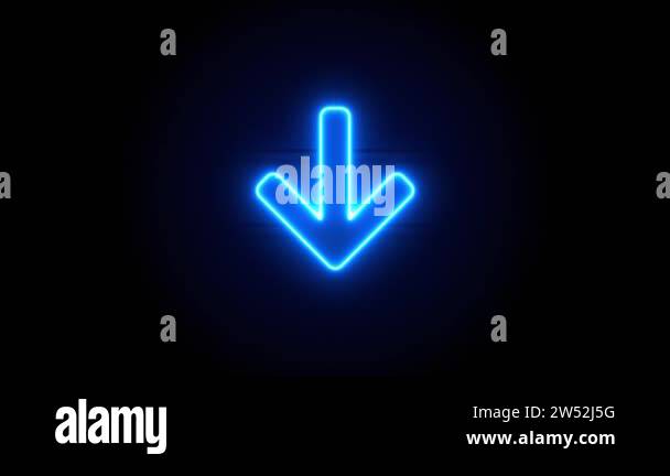 Arrow Down neon sign appear in center and disappear after some time. Loop animation of blue neon ...