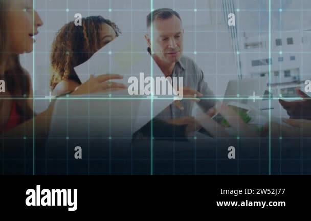 Animation of digital interface with grid and markers over colleagues ...