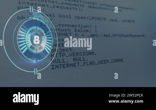 Animation of scope scanning with countdown over digital data processing. global technology ...