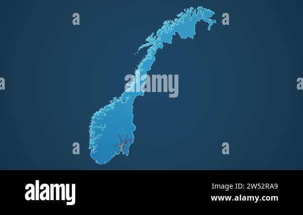 Light blue map of Norway with cities, roads and railways on a dark blue ...