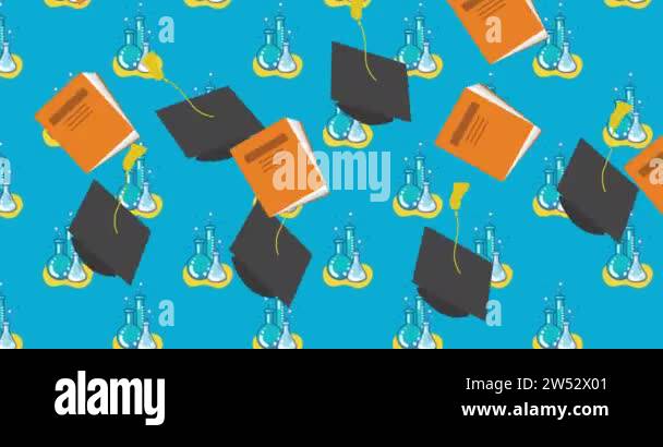 Chemistry beakers icons moving against graduation hats and books ...