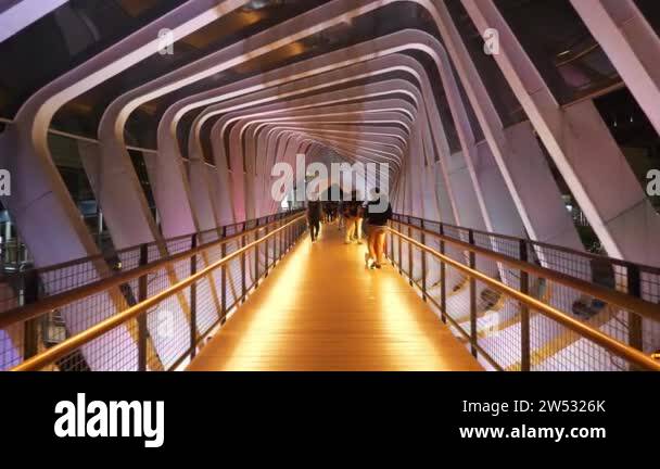 Night illumination in Jakarta city. Pedestrian bridge. Indonesia ...