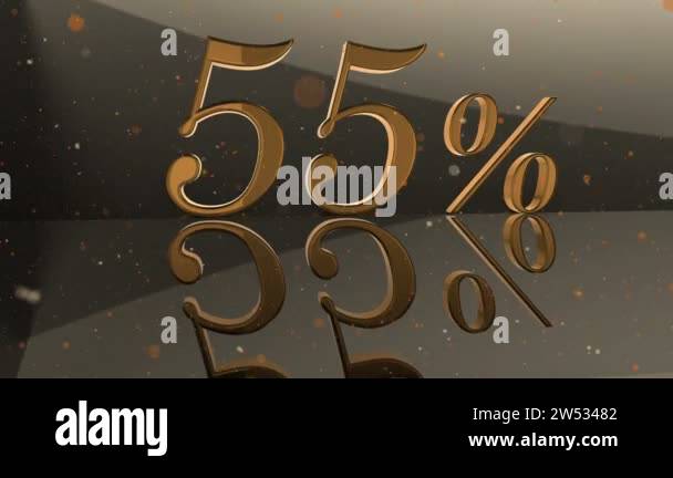 Gold numbers 55% on a mirror surface surrounded by flying round small ...