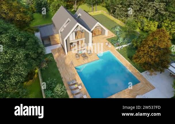 3D animation showing an aerial view of a modern pitched roof house with ...