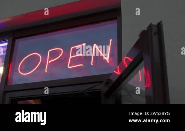 neon sign open street showcase door red light welcome glow Stock Video ...