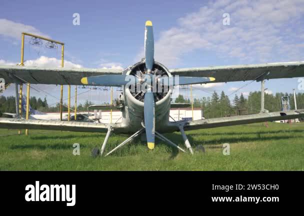 Close-up of cockpit fuselage of old USSR airplane standing in thick ...