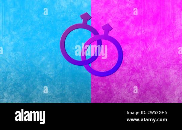 Animation Of Two Linked Male Gender Symbols On Blue And Pink Background