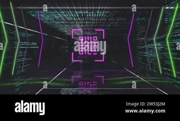 Animation of glowing purple QR code with green to purple neon elements ...