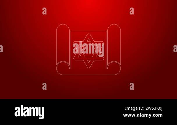 Green line Torah scroll icon isolated on red background. Jewish Torah ...