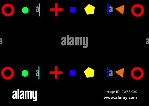 frame of various moving geometric shapes on a black background ...