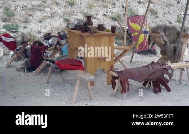 The camp of the Roman legionaries. Historical weapons, military ...