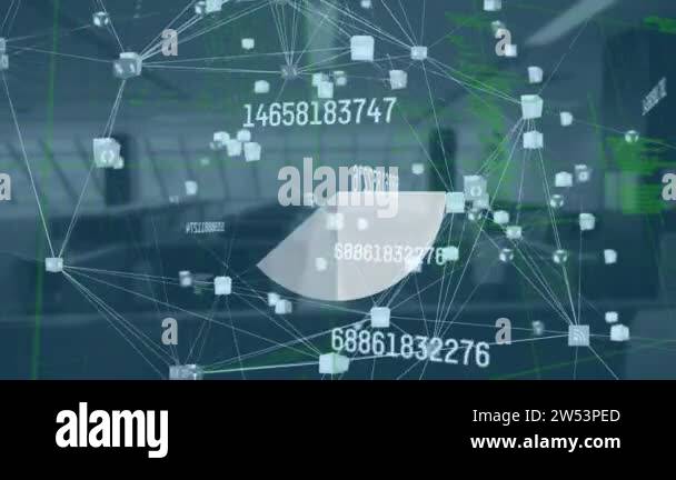 Animation of numbers changing and globe with network of connections over empty office. global ...